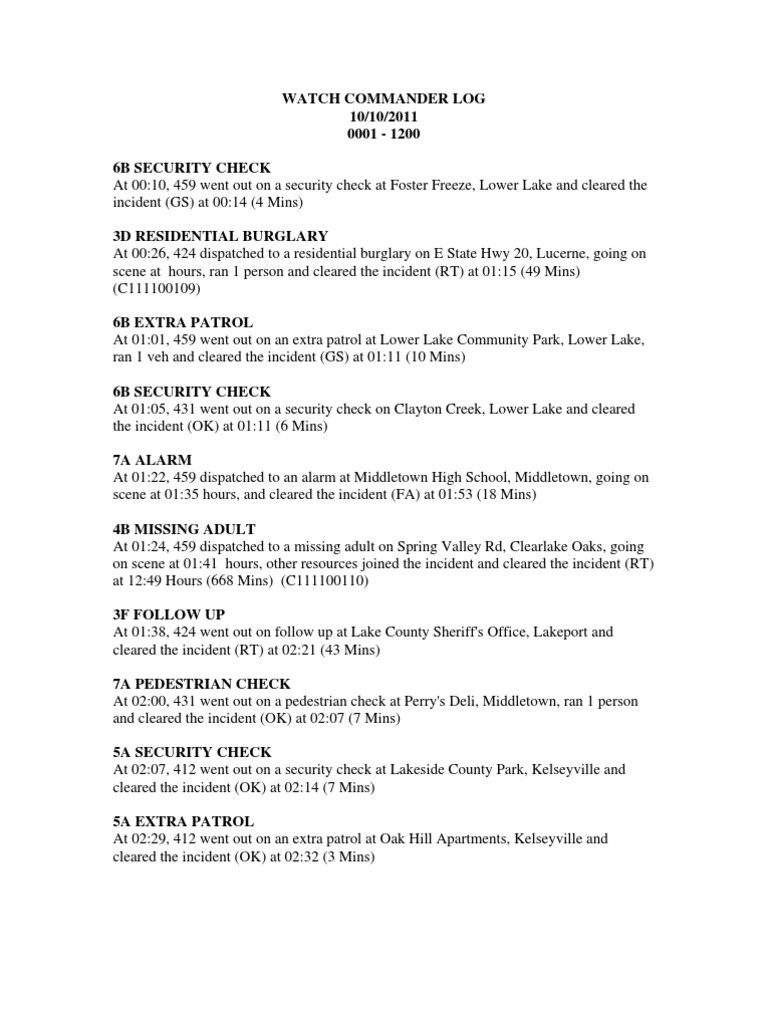 Daily Watch Commander Log Summary | PDF | Transport | Criminal Justice