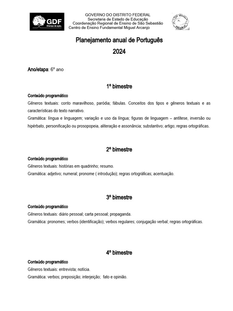 Planejamento Geral Anual de Conteúdos de Português - 2024 | PDF ...