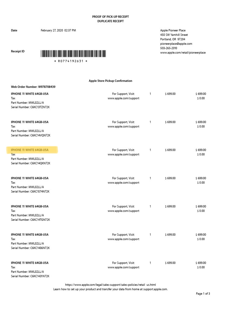 Proof of Pick-Up Receipt Duplicate Receipt | PDF | I Phone | Apple Inc.