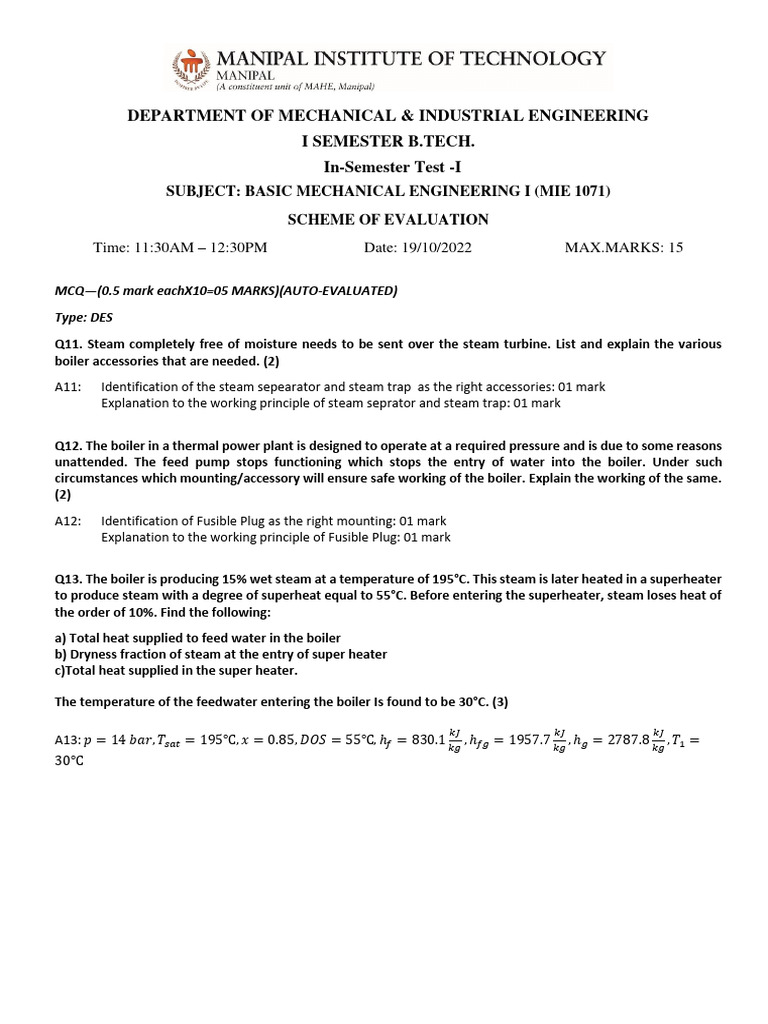 Basic Mechanical Engineering Insem-1 Oct 2022 Scheme of Evaluation ...