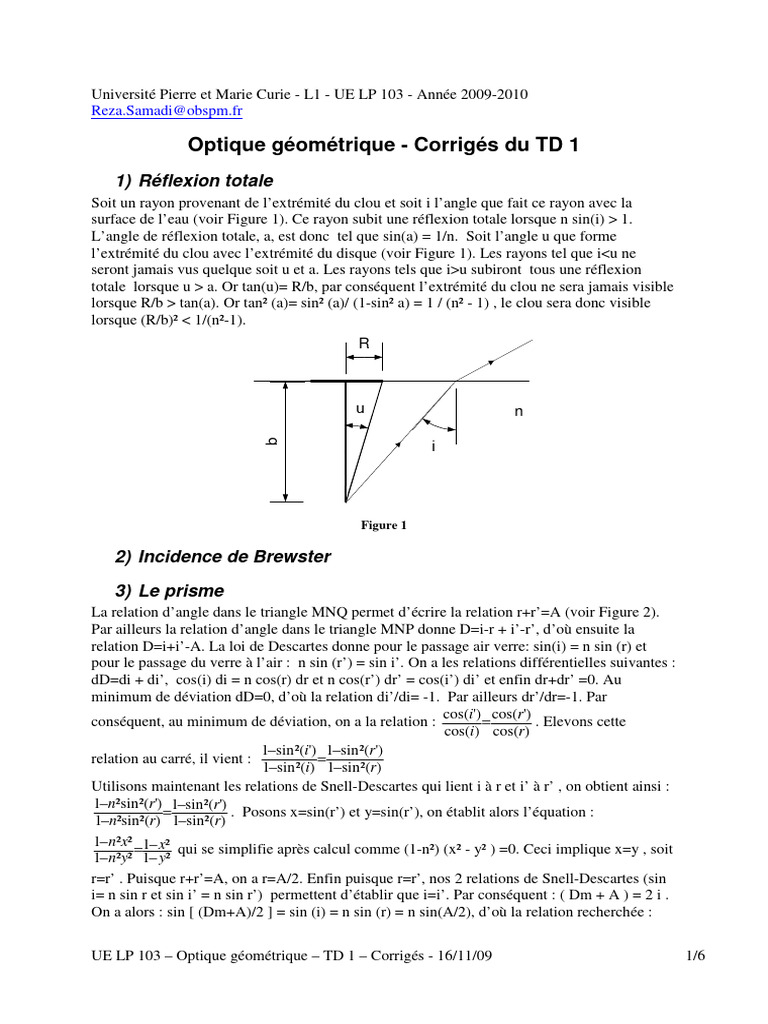 Corrigés TD 1 : Réflexion totale en optique | PDF | Science des ...