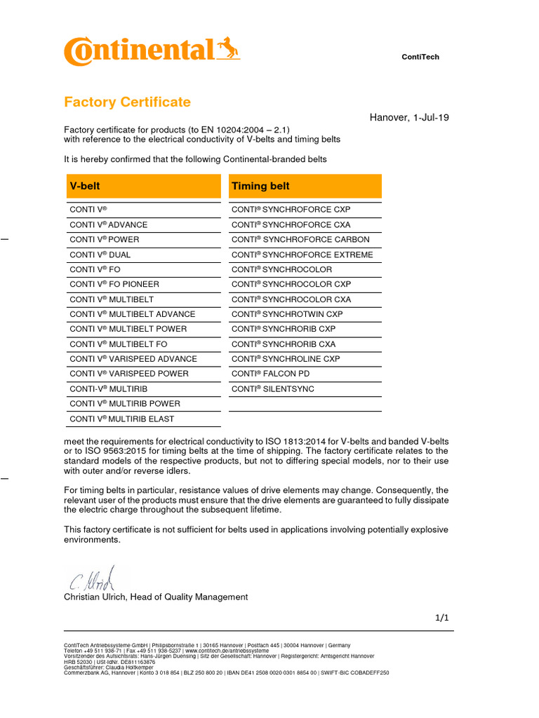 Contitech Factory Antistatic Certificate en | PDF | Physical Sciences | Mechanical Engineering