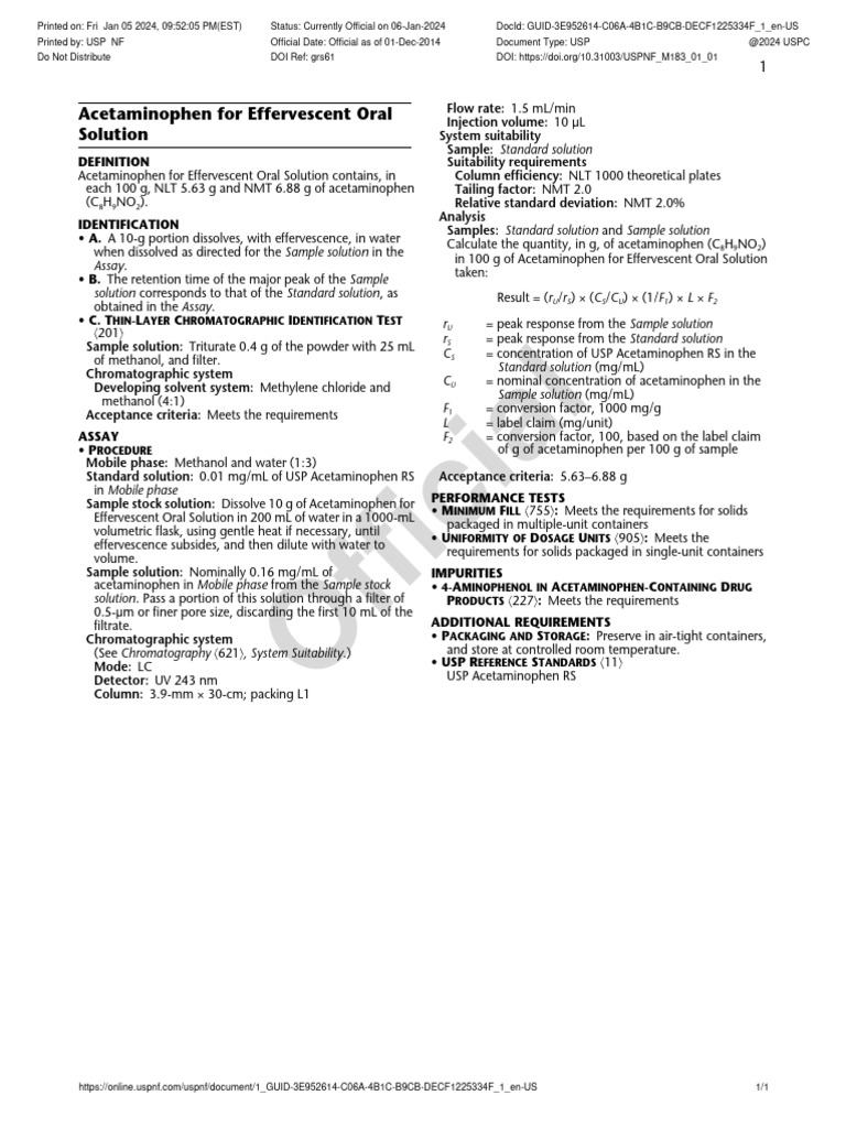 USP 2024... Acetaminophen For Effervescent Oral Solution | PDF | Chromatography | Elution