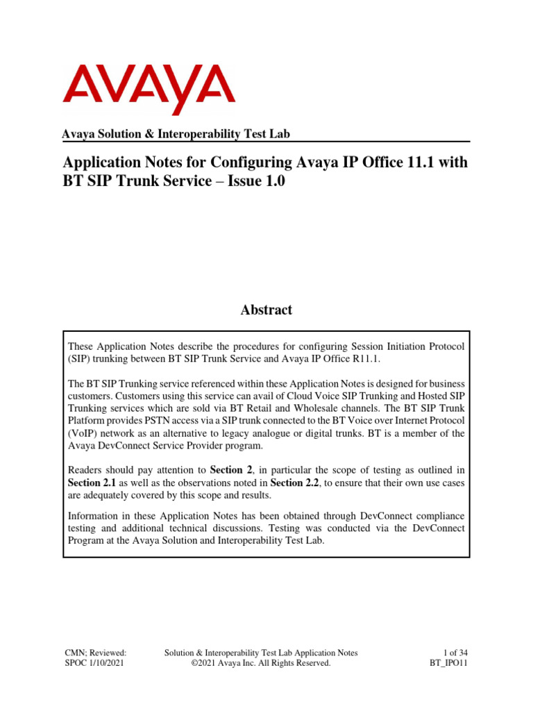 Application Notes For Configuring Avaya IP Office Service | PDF ...
