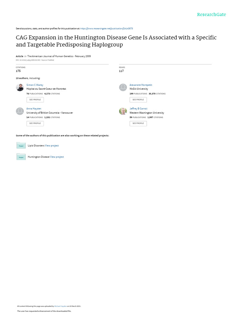 CAG Expansion in The Huntington Disease Gene Is Associated With A ...