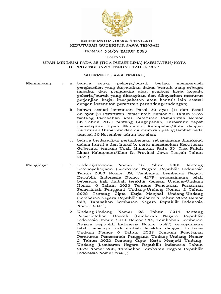 Surat Keputusan Gubernur Jawa Tengah No. 56157 Tahun 2023 Tentang Upah Minimum Pada 35 ...