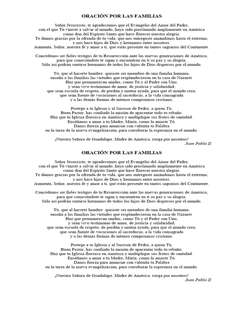 OraciÓn Por Las Familias Juan Pablo Ii Pdf Amor Sacerdote