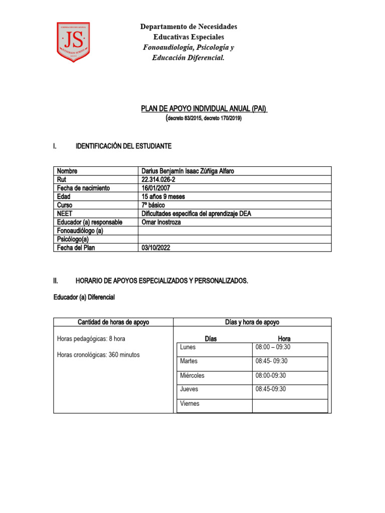 Plan de Apoyo Individual Anual PAI 2022 | PDF | Crecimiento personal y ...
