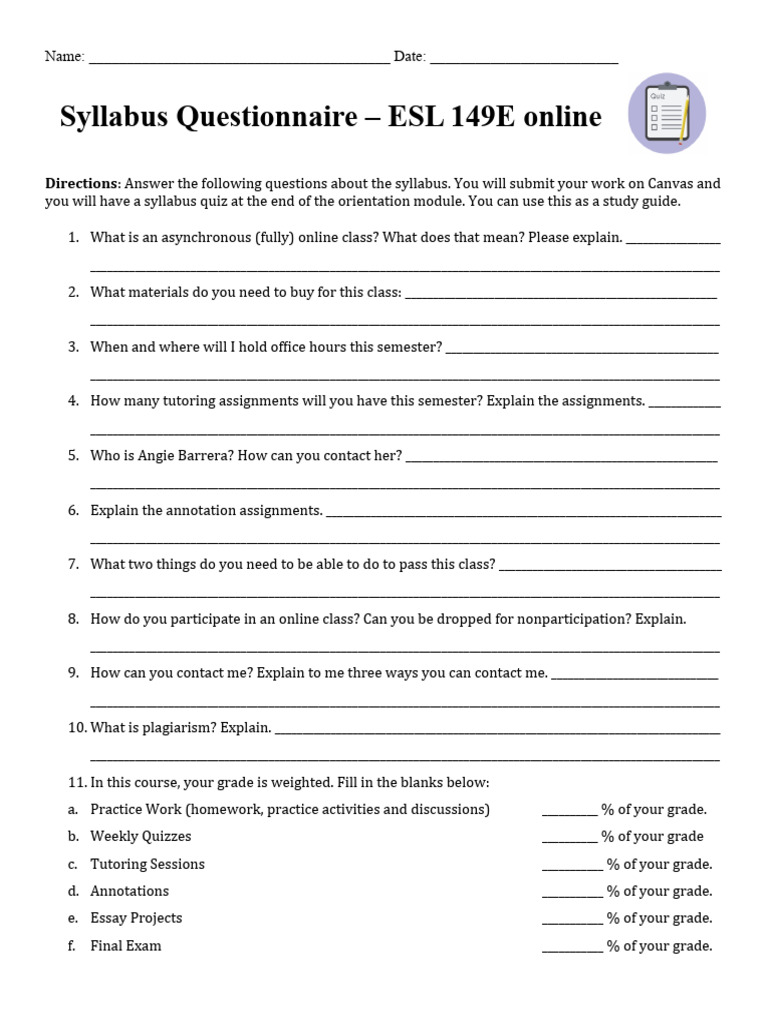 Syllabus Questionnaire Activity 149e-Online-1 | PDF | Educational Assessment And Evaluation ...