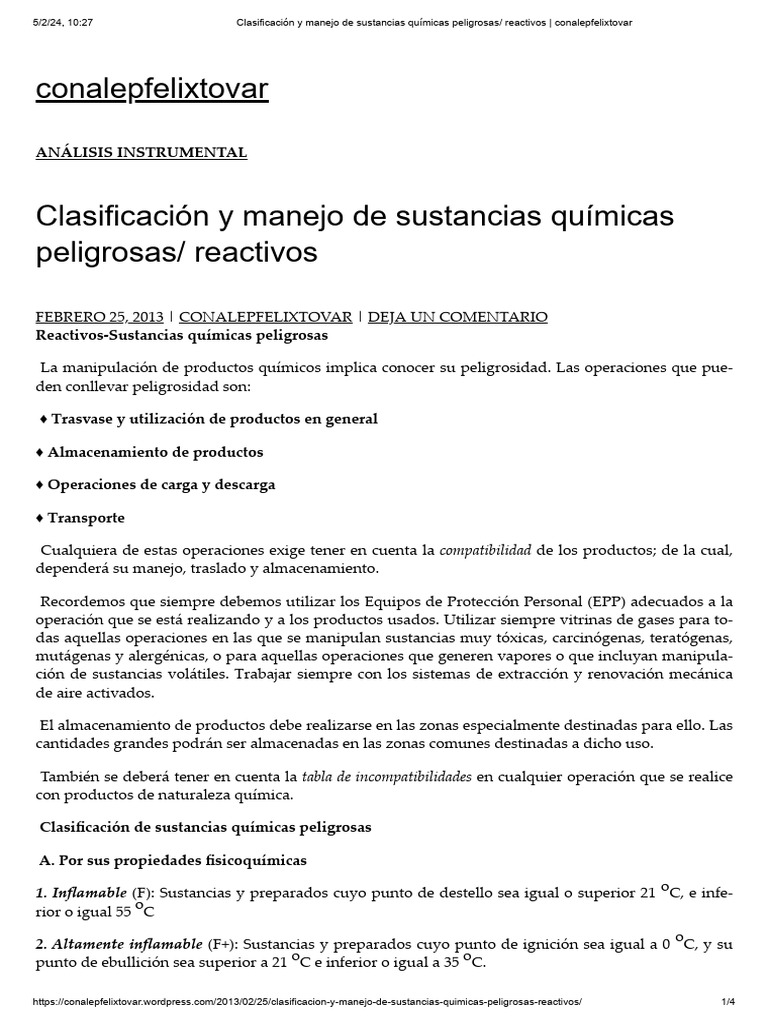 Clasificación y Manejo de Sustancias Químicas Peligrosas - Reactivos - Conalepfelixtovar | PDF ...