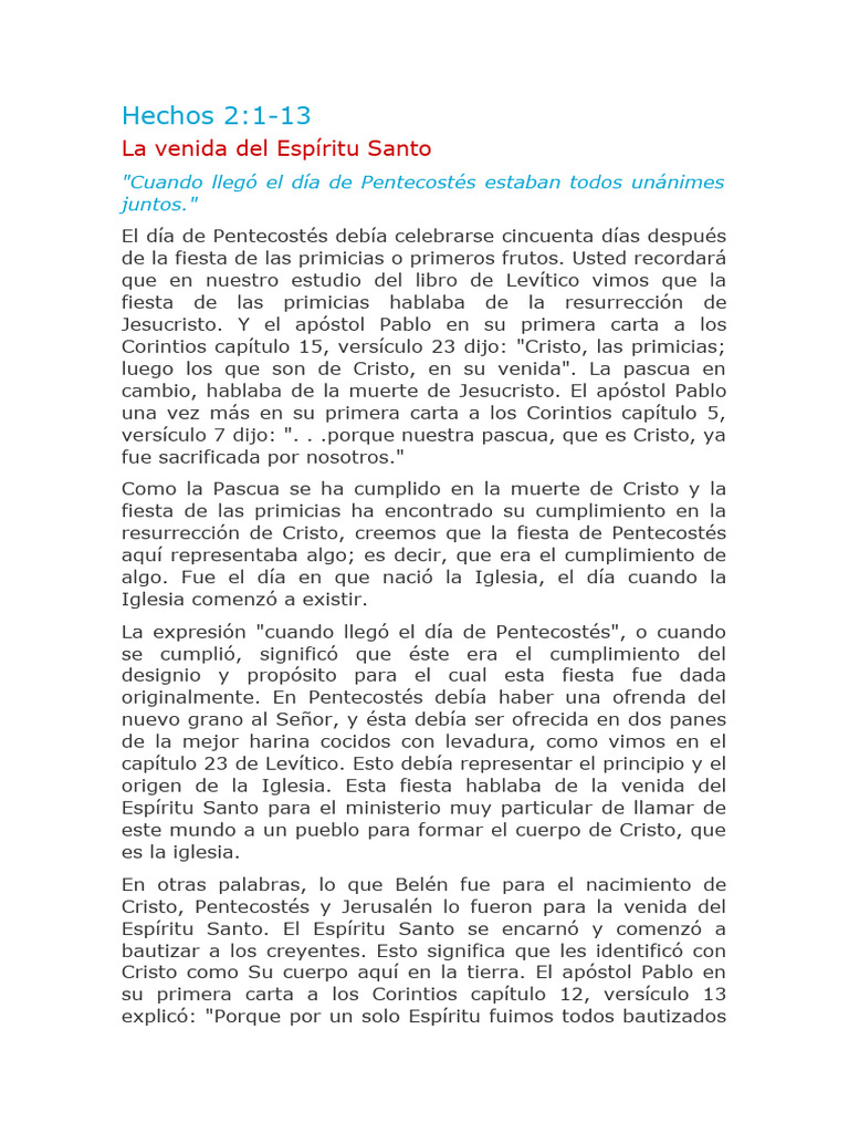 Hechos 2 1-13 Venida Del Espiritu Santo | PDF | espíritu Santo ...