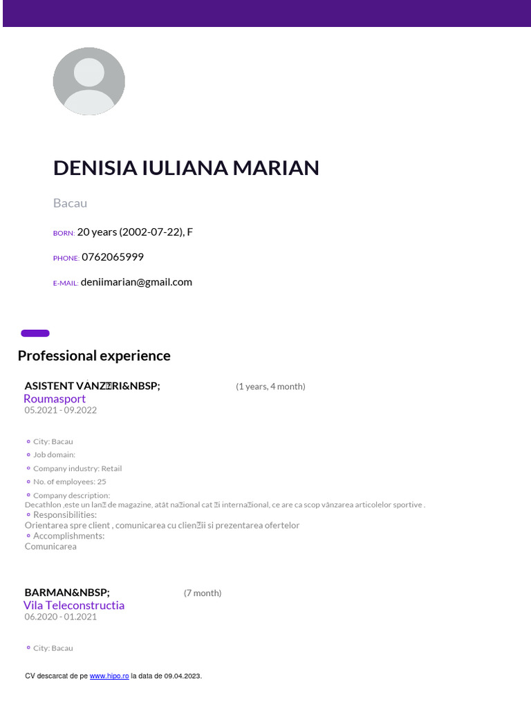 Denisia Marian CV: Sales & Bartending Experience | PDF | Computers