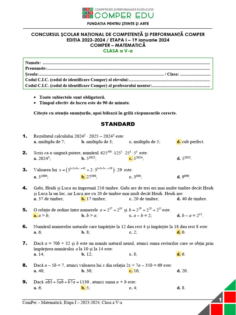 Comper 2024 Clasa A 5 A Etapa I Rezolvarea Problemelor | PDF