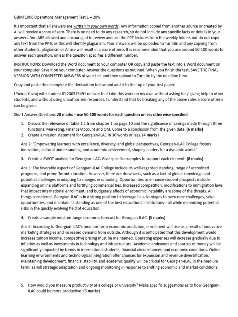 GBMT1006 Operations Management Test 1 | PDF | Forecasting | Time Series