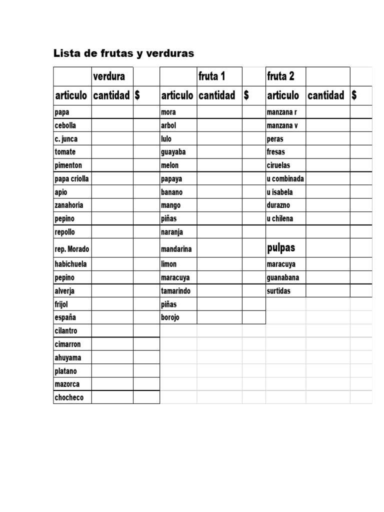Lista de Frutas y Verduras | PDF