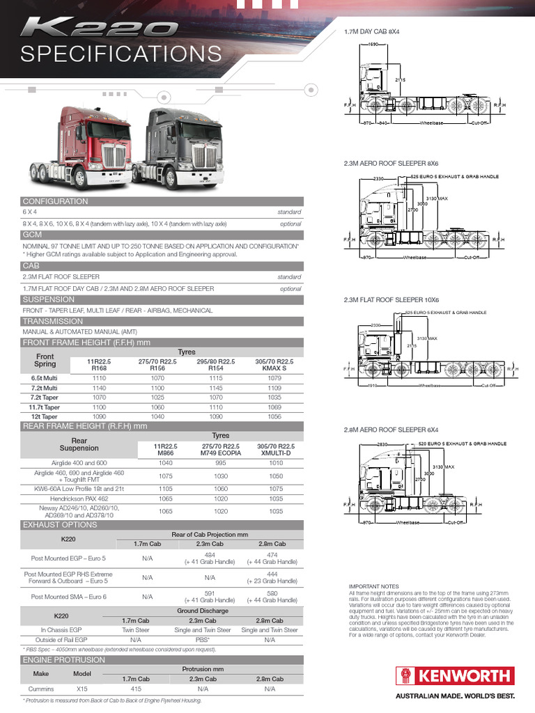 Kenworth K220 Specifications Overview | PDF | Brake | Truck
