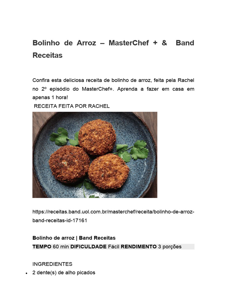 Bolinho de Arroz - MasterChef + & Band Receitas | PDF