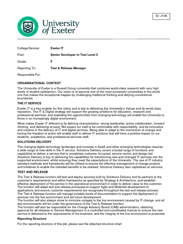 Exeter IT Senior Developer in Test Level 5 F Test & Release Manager ...