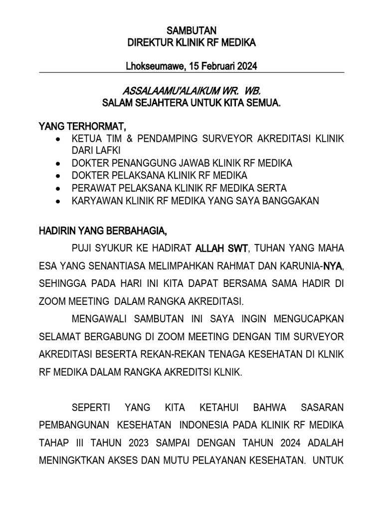 Sambutan Pembukaan Zoom Meeting Akreditasi | PDF