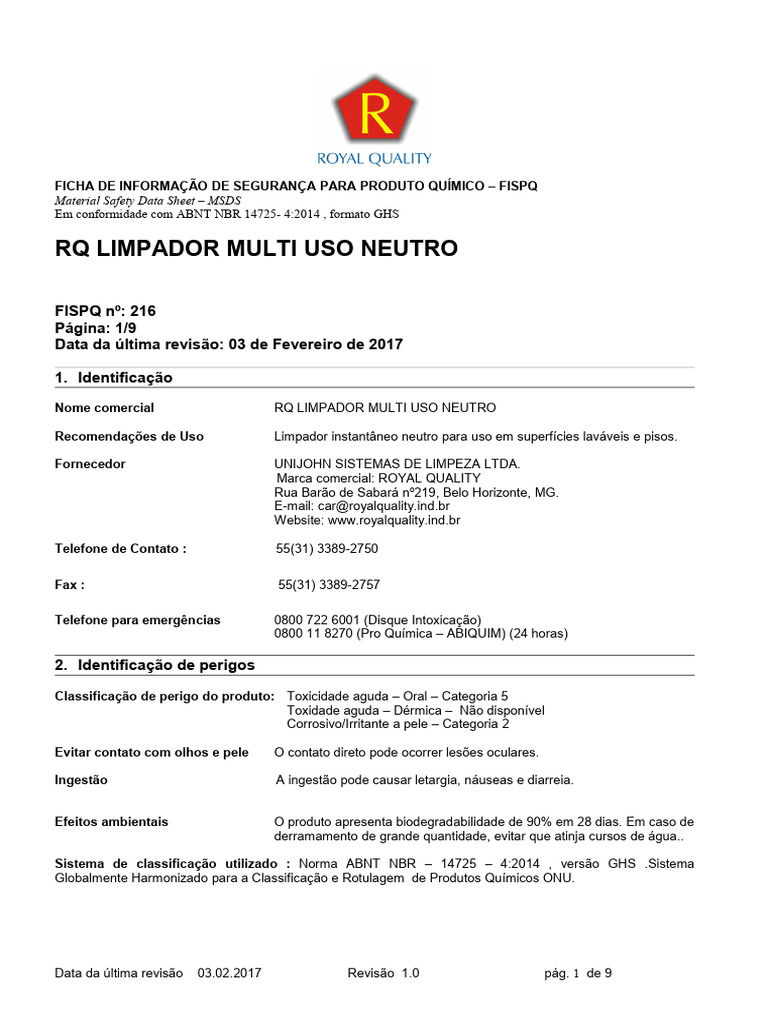RQ Limpador Multi Uso Neutro | Download grátis PDF | Química | Águas ...