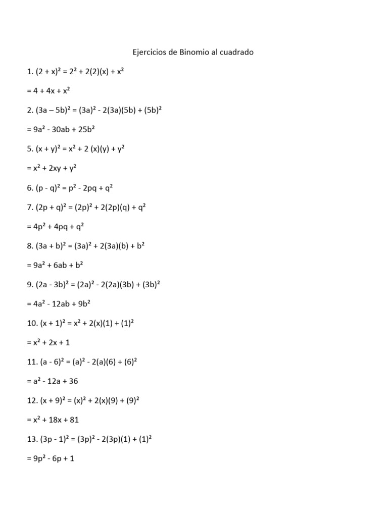 Ejercicios de Binomio Al Cuadrado | PDF