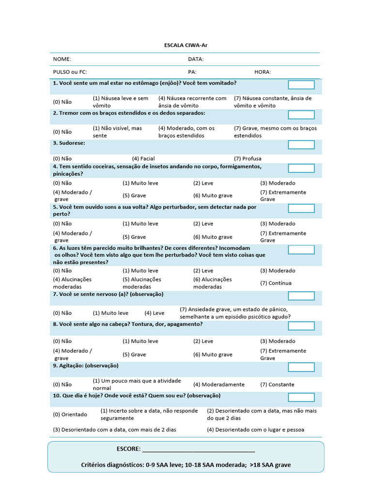 Questionário CIWA Ar | Download grátis PDF | Causas de morte | Doenças ...