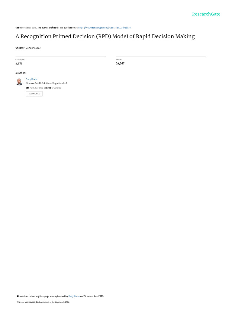 A Recognition Primed Decision RPD Model of Rapid D | PDF | Psychology ...