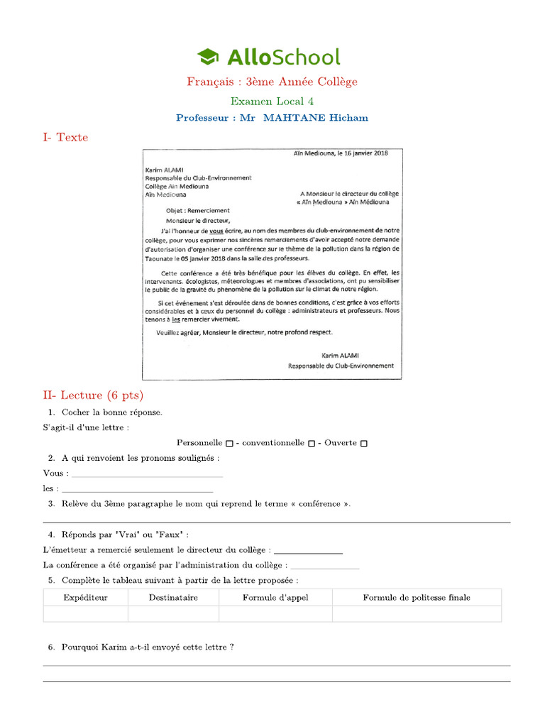 Francais 3ac Examen Local 4 2 | PDF