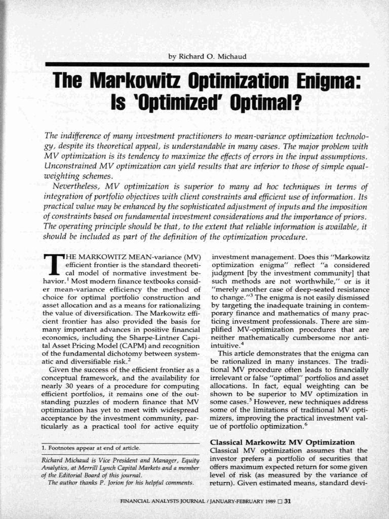 Michaud Markowitz Optimization | PDF