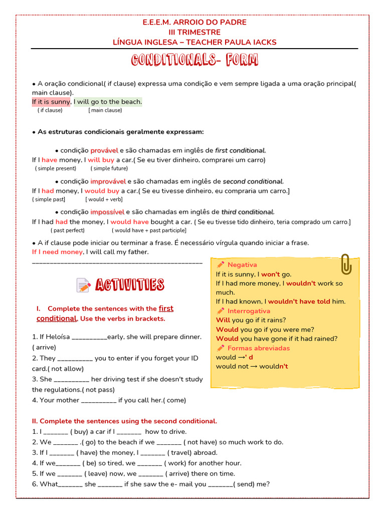CONDITIONALS - FORM para Imprimir | Download Free PDF | Syntax | Language Mechanics