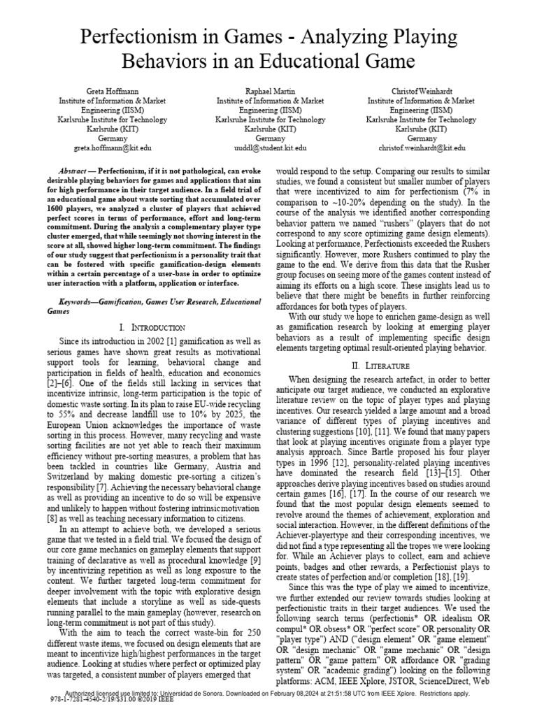 Perfectionism in Games - Analyzing Playing Behaviors in An Educational Game | PDF