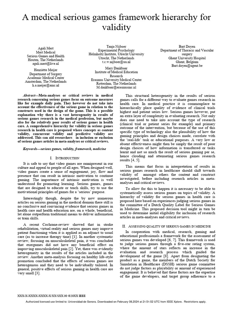 A Medical Serious Games Framework Hierarchy For Validity | PDF ...
