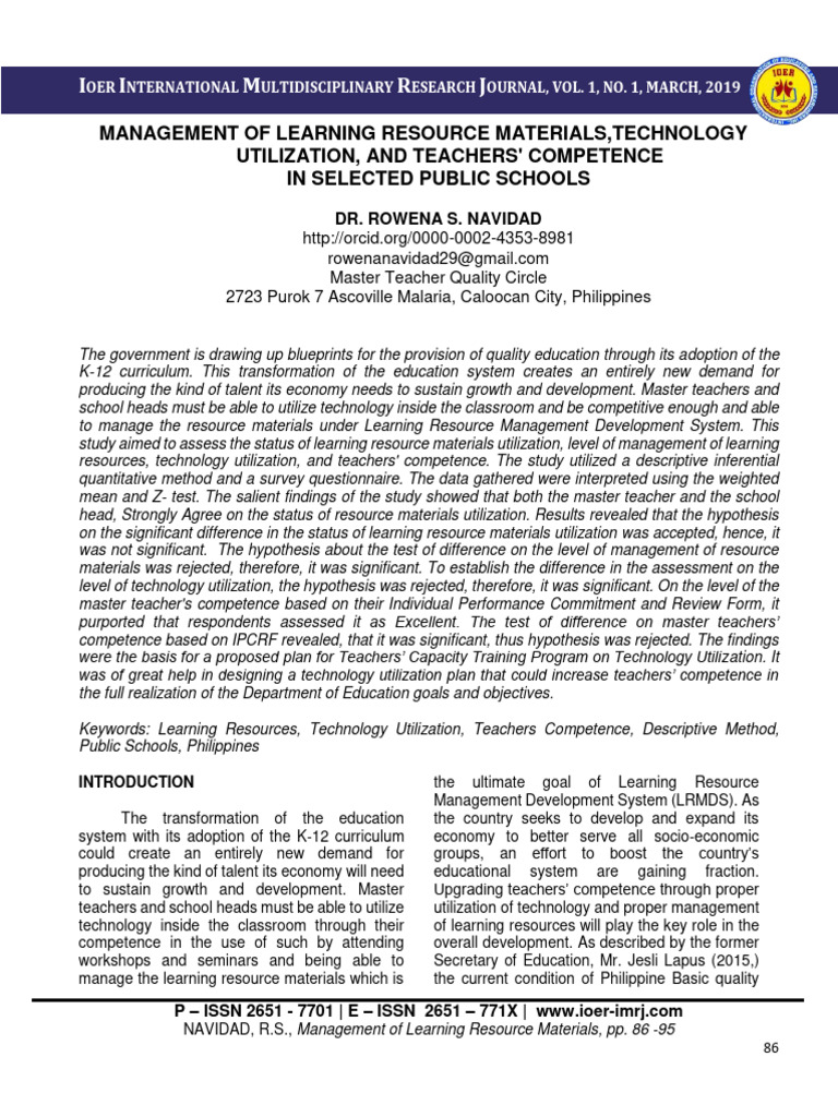 Management of Learning Resource Material | PDF | P Value | Teachers
