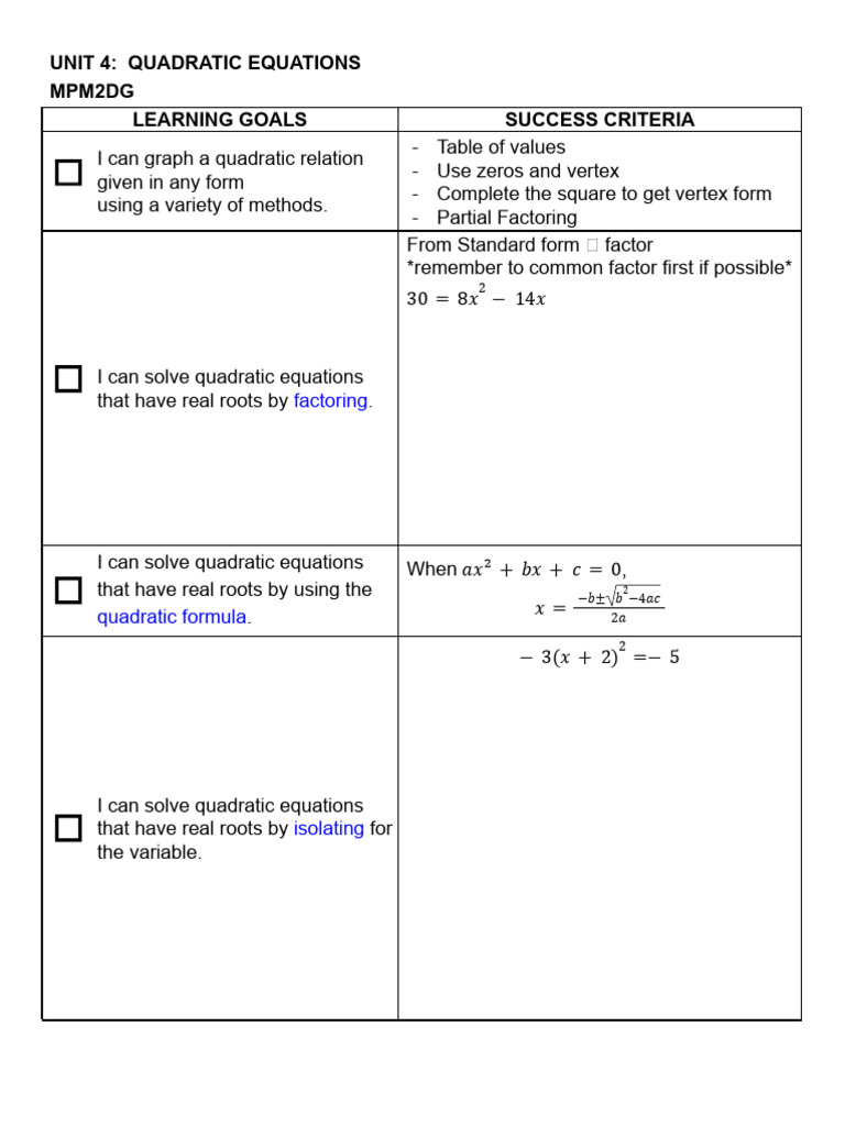 MPM2D - LG - Unit 4 - Quadratic Equations - MYP | PDF | Quadratic ...