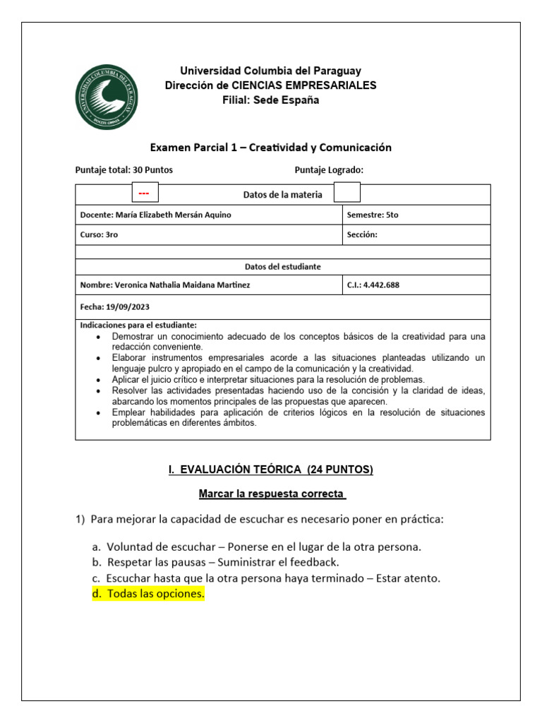 Examen Parcial 1 - COC1 | PDF | Comunicación | Las emociones