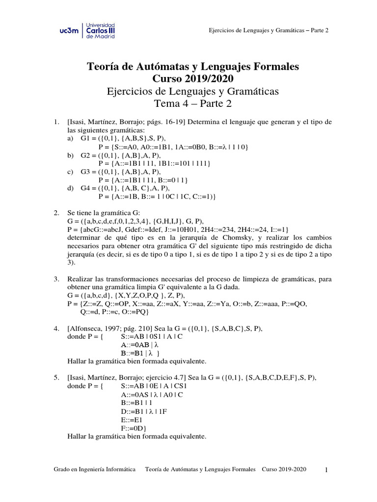 Ejercicios Tema4 Parte2 TALF 19-20 Enunciado | PDF | Programación de computadoras | Formalismo ...
