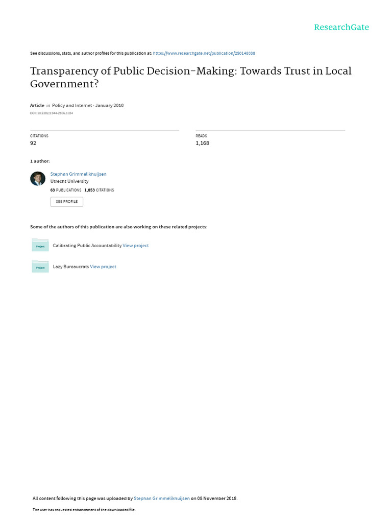 Transparency of Public Decision-Making: Towards Trust in Local Government? | PDF | Credibility ...