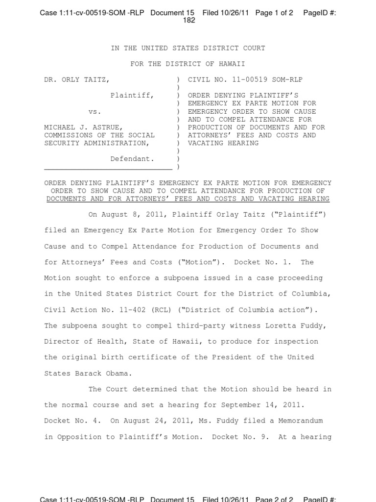 TAITZ V ASTRUE (USDC HI) - 15 - ORDER DENYING PLAINTIFF'S EMERGENCY EX ...