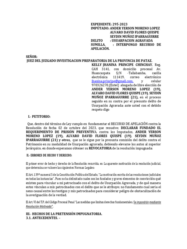 MODELO DE APELACION DE PRISION PREVENTIVA | PDF | Apelación | Prisión