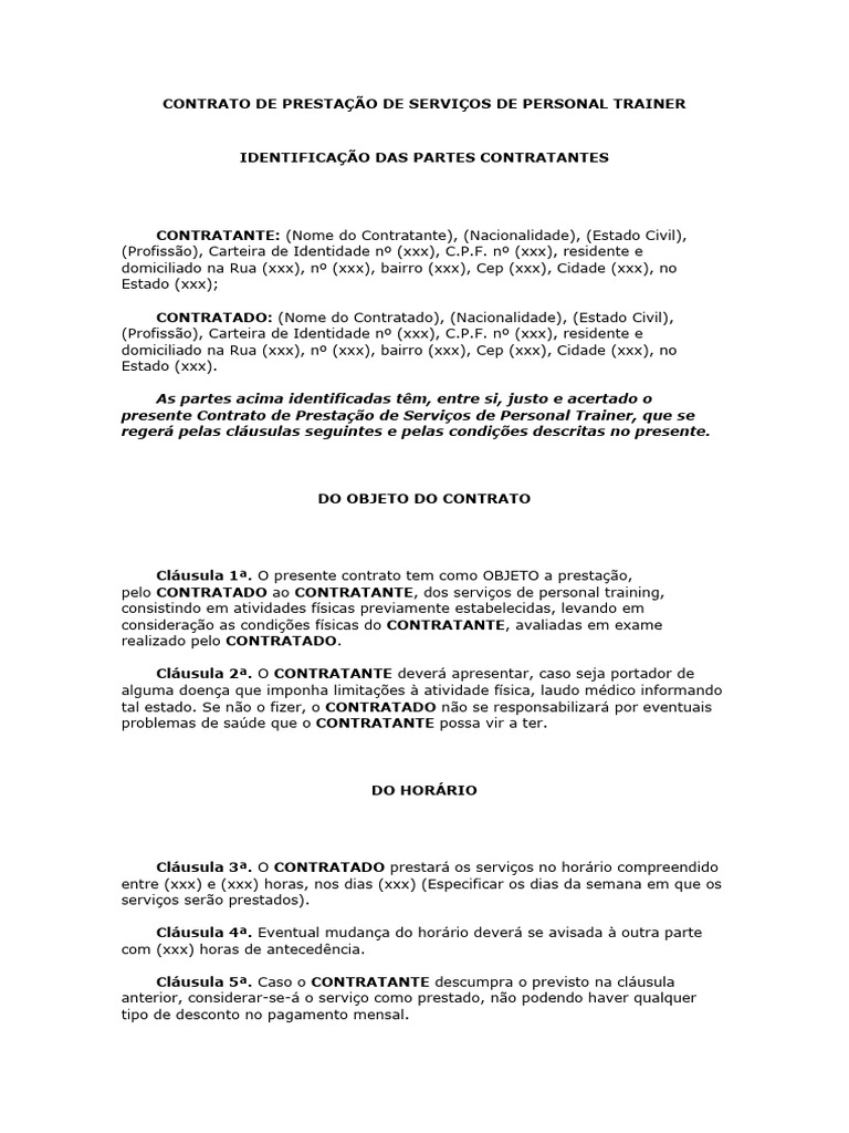 Contrato - Personal Trainer | Download grátis PDF | Estado