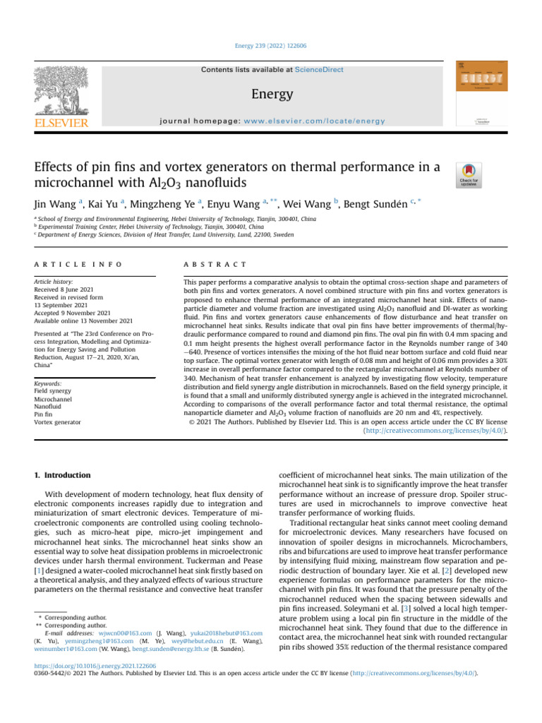 Jin Wang Effects of Pin Fins and Vortex Generators On | PDF | Heat Transfer | Heat