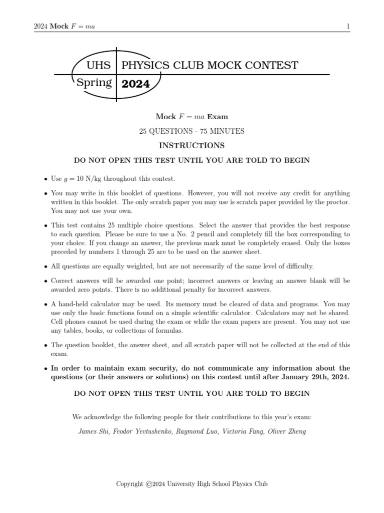 2024 UHS Mock Fma Solutions | PDF | Force | Collision