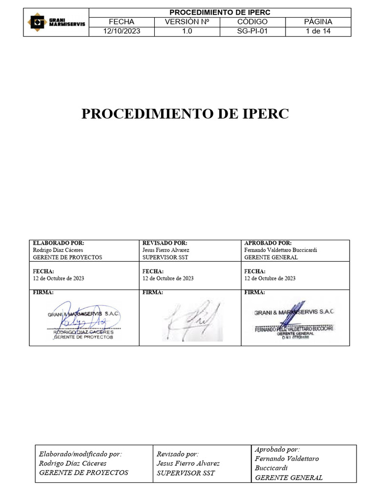 Procedimiento IPERC - Grani Marmiservis | PDF | Riesgo | La seguridad