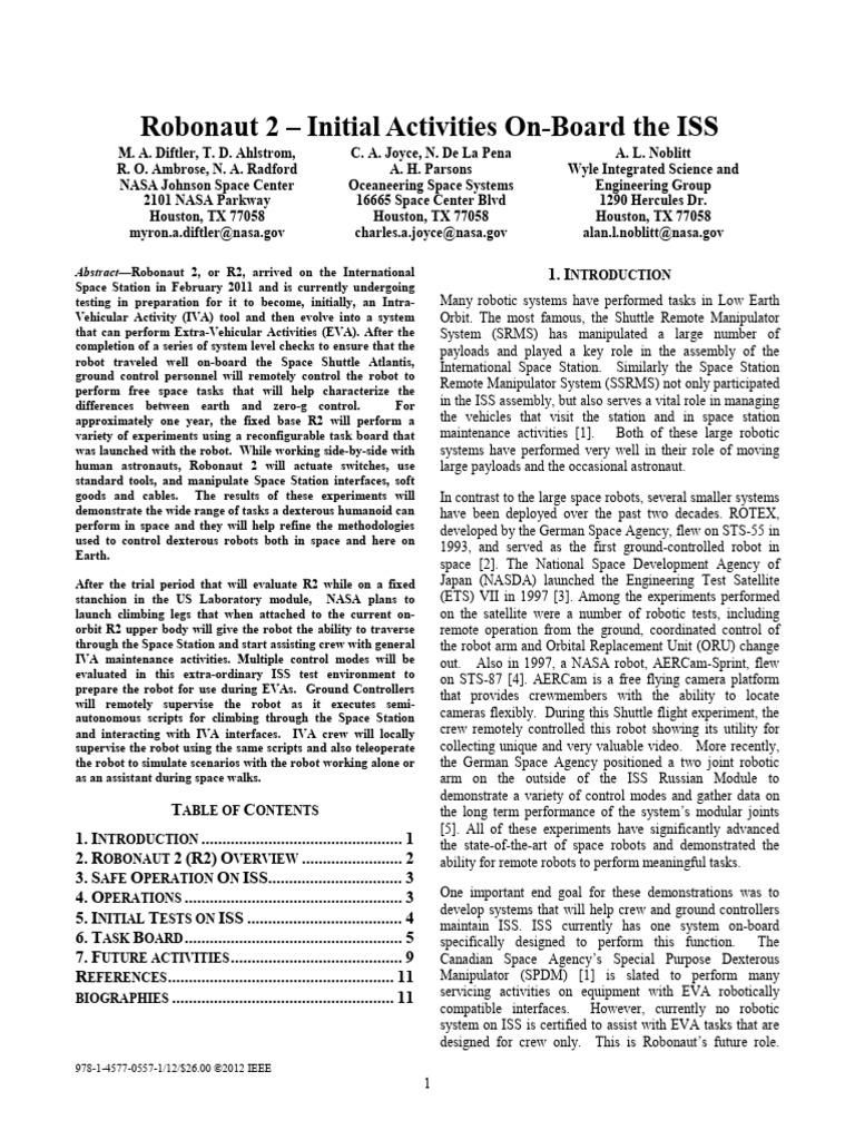 Robonaut 2 - Initial Activities On-Board The ISS | PDF | International ...