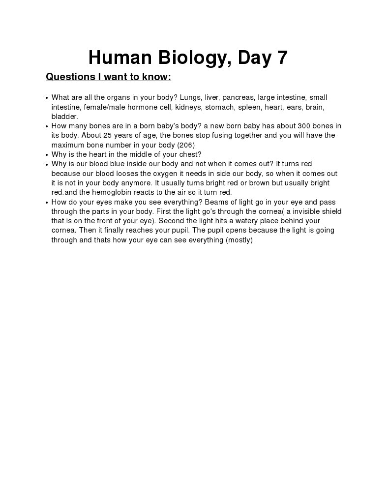Human Biology, Day 7: Questions I Want To Know | PDF