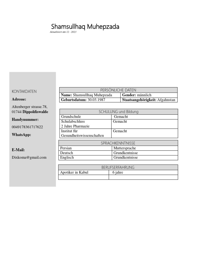 Lebenslauf Von Shams | PDF