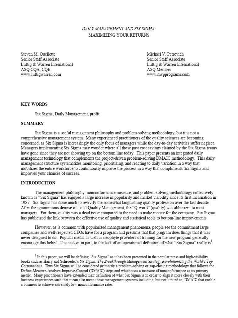 Daily Management and Six Sigma - Maximizing Your Returns | PDF | Six ...