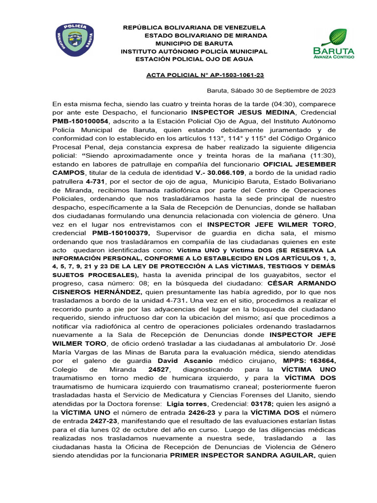 Violencia de Genero ACTA POLICIAL #AP-1503-1061-23 MEDINA | Descargar gratis PDF | Policía ...
