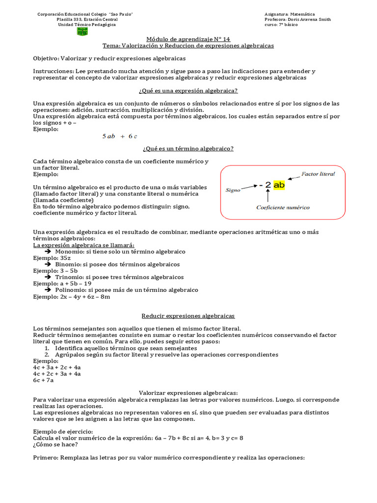 Area Exp Algebraica - Matematica - 7°B | PDF | Álgebra abstracta | Álgebra