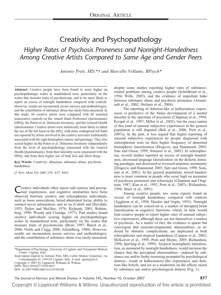 Creativity and Psychopathology | PDF | Handedness | Mental Disorder